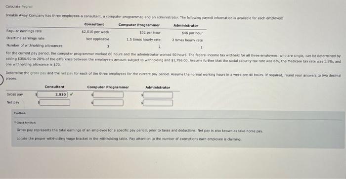 Solved Cakulate Payrou For the current pay pencd, the | Chegg.com