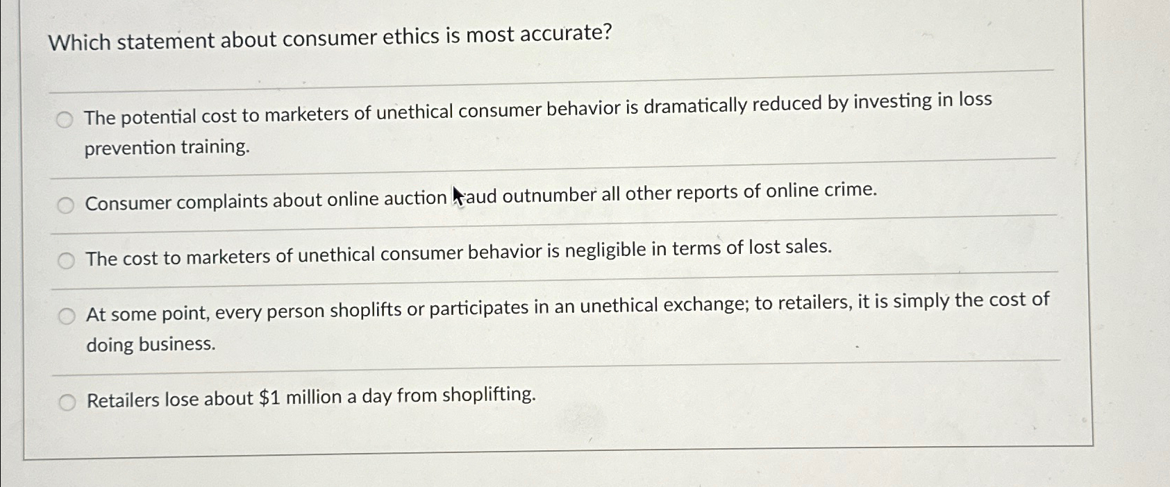 Solved Which statement about consumer ethics is most | Chegg.com