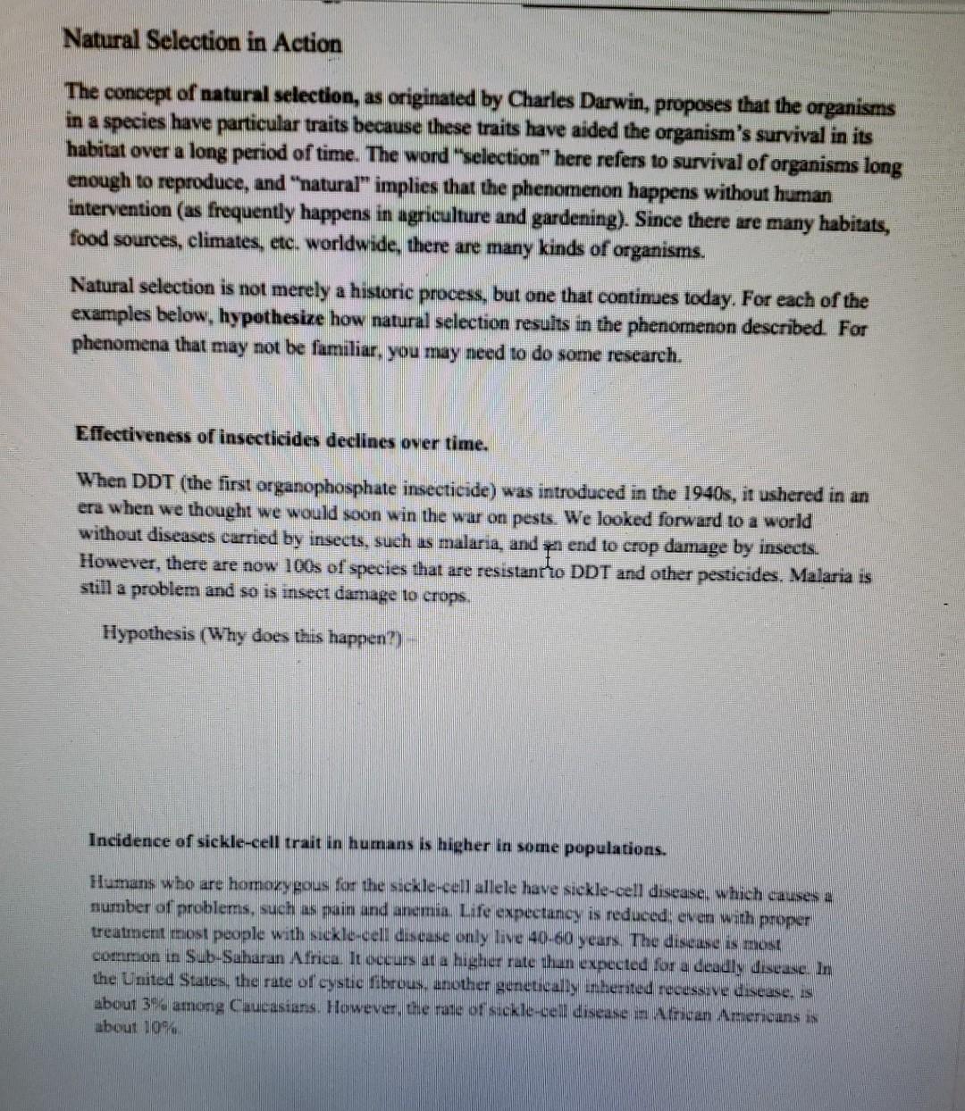 Solved Natural Selection in Action The concept of natural | Chegg.com