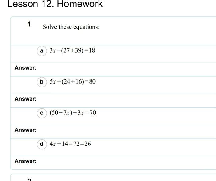 Solved Lesson 12. Homework 1 Solve these equations: a | Chegg.com
