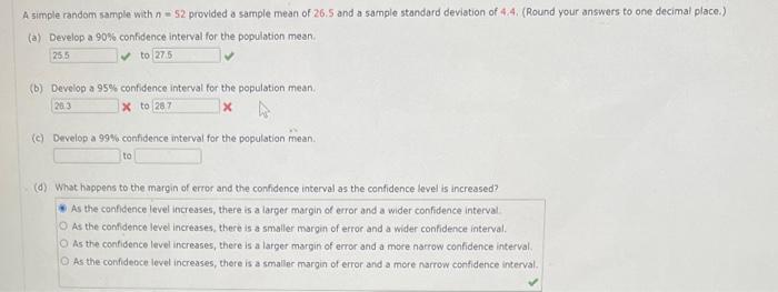 Solved A simple random sample with n=52 provided a sample | Chegg.com