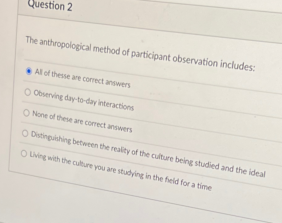 Solved Question 2The anthropological method of participant | Chegg.com