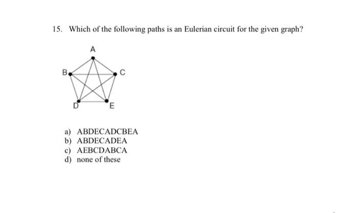 Solved 15. Which of the following paths is an Eulerian | Chegg.com