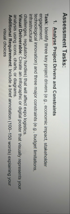 Assessment Tasks:Analyse Project Drivers and | Chegg.com