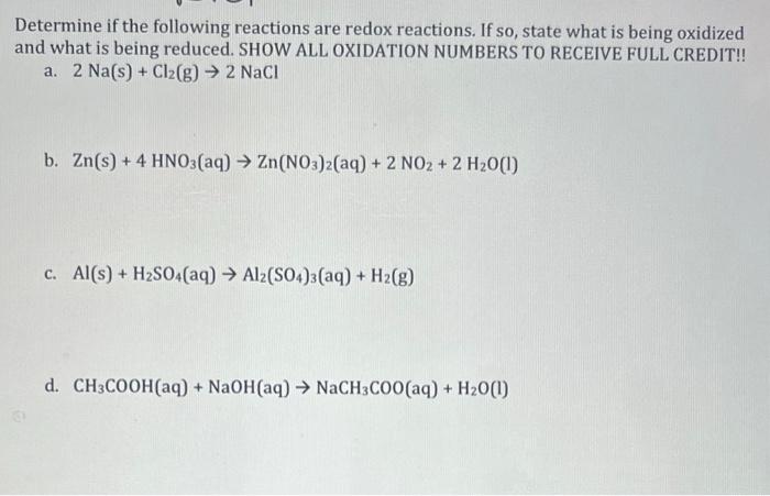 Solved determine if the following are redox reactions. then | Chegg.com