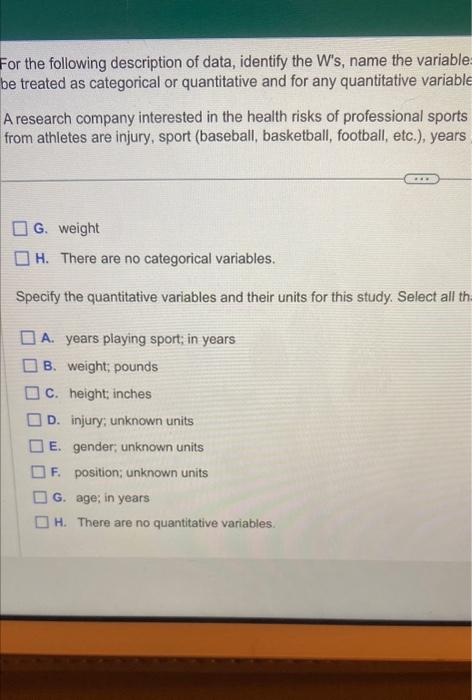 Solved For the following description of data, identify the | Chegg.com