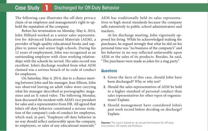 Solved Case Study 1 Discharged for Off-Duty Behavior The | Chegg.com