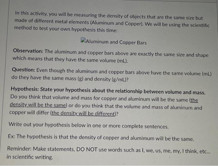 Solved In this activity, you will be measuring the density | Chegg.com