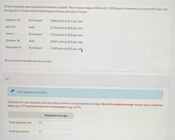 Solved Oriole Company uses a perpetual inventory system. The | Chegg.com