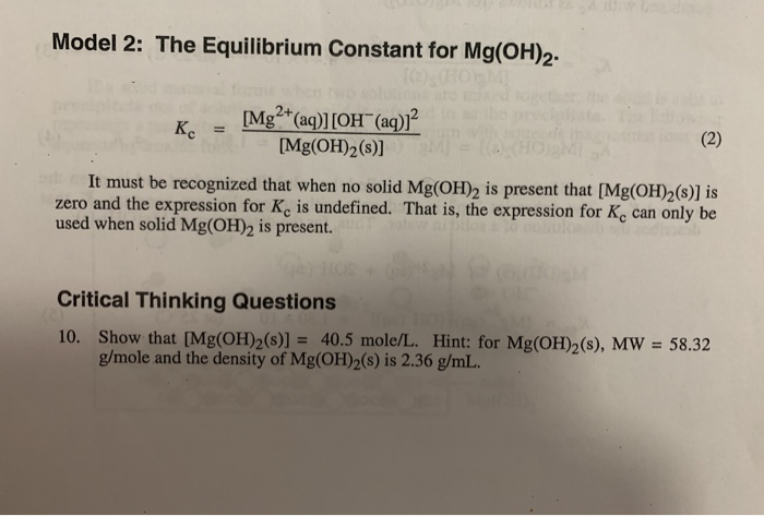 Solved Model 2: The Equilibrium Constant for Mg(OH)2- [Mg2+ | Chegg.com