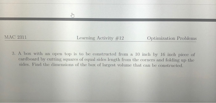 Solved MAC 2311 Learning Activity #12 Optimization Problems | Chegg.com