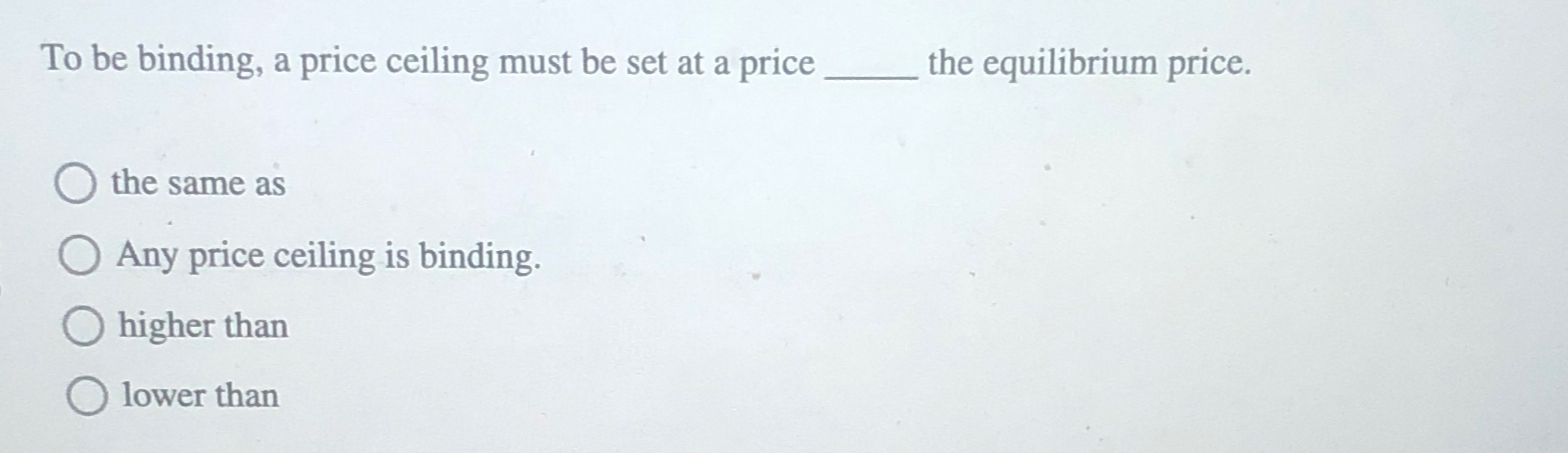 Solved To be binding, a price ceiling must be set at a price | Chegg.com