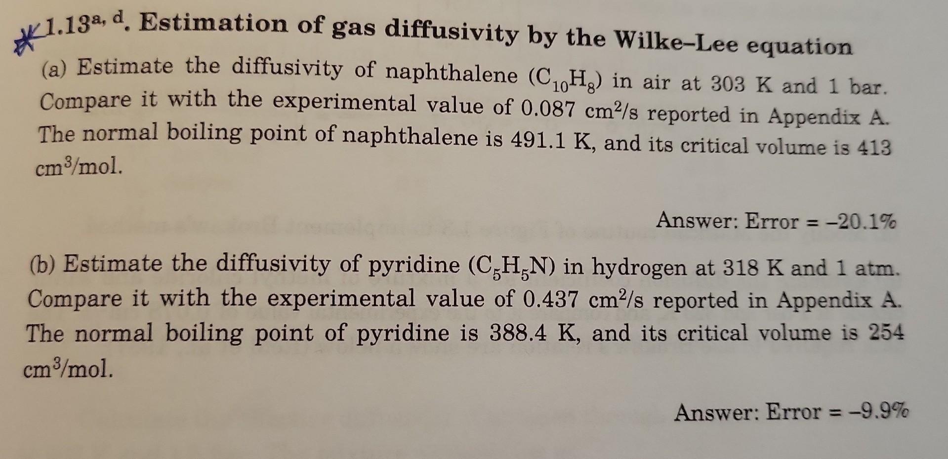 Solved W1.13 a. Estimation of gas diffusivity by the | Chegg.com