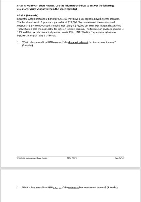 Solved PART II: Multi-Part Short Answer. Use the information | Chegg.com Solved PART II: Multi-Part Short Answer. Use the information | Chegg.com