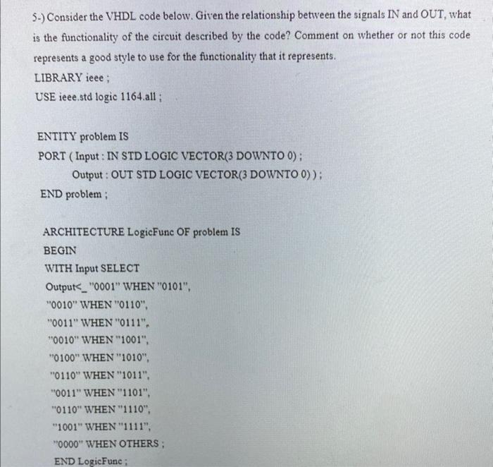 Solved 5-) Consider the VHDL code below. Given the | Chegg.com