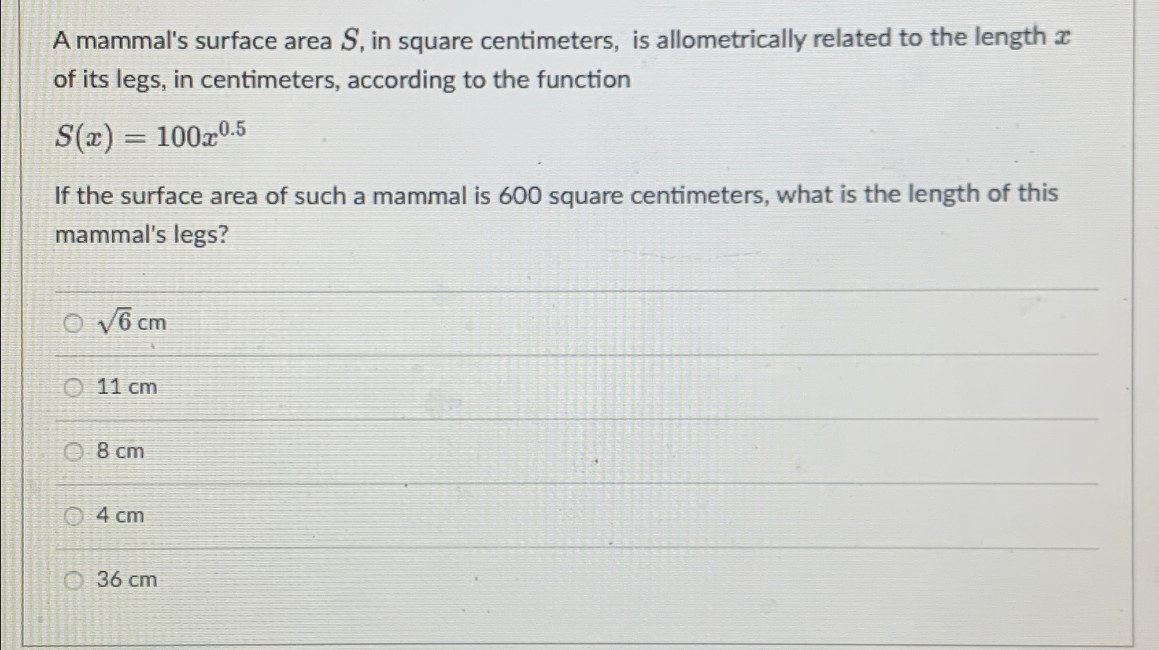 Solved A mammal's surface area S, ﻿in square centimeters, is | Chegg.com