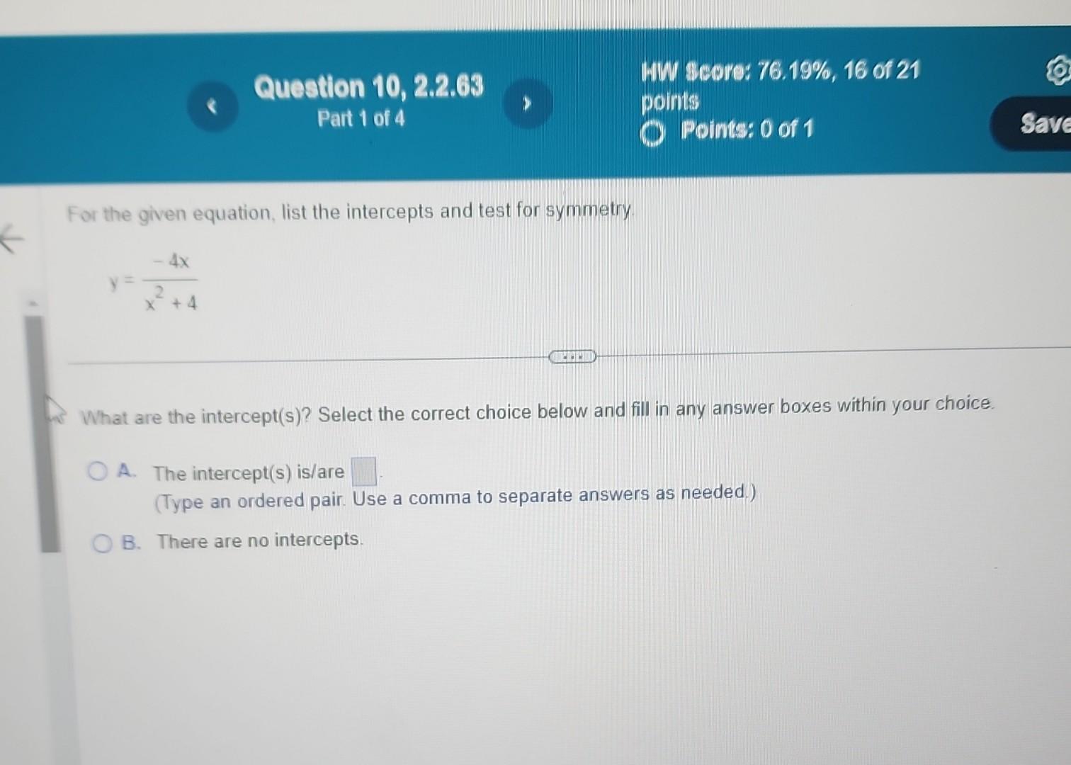 Solved For the given equation, list the intercepts and test | Chegg.com