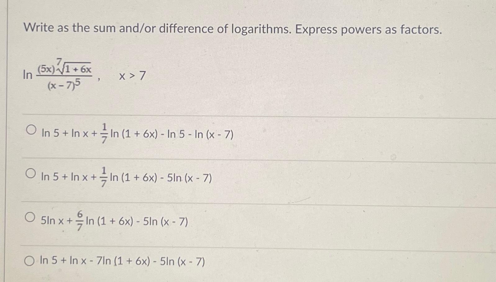 Solved Write as the sum and/or difference of logarithms. | Chegg.com