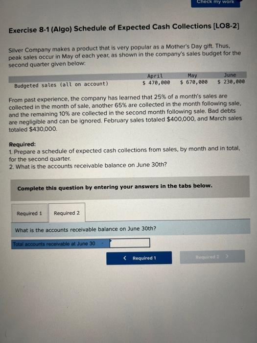 Solved Exercise 8-1 (Algo) Schedule of Expected Cash | Chegg.com