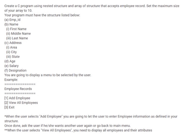 Solved Create a C program using nested structure and array | Chegg.com