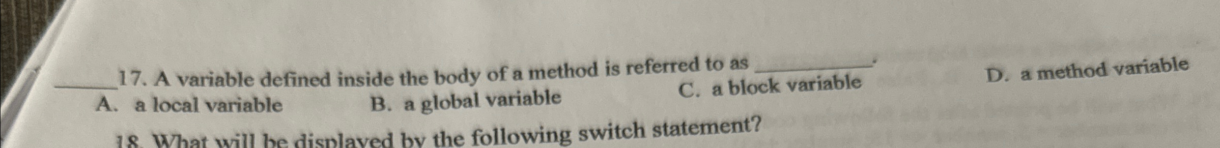 Solved A variable defined inside the body of a method is | Chegg.com
