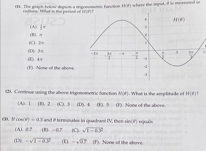 Solved (1). The graph below depicts a trigonometric function | Chegg.com