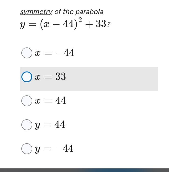 Solved symmetry of the parabola y=(x−44)2+33 ? | Chegg.com