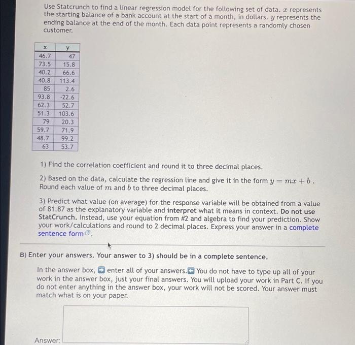 Solved Use Statcrunch to find a linear regression model for | Chegg.com