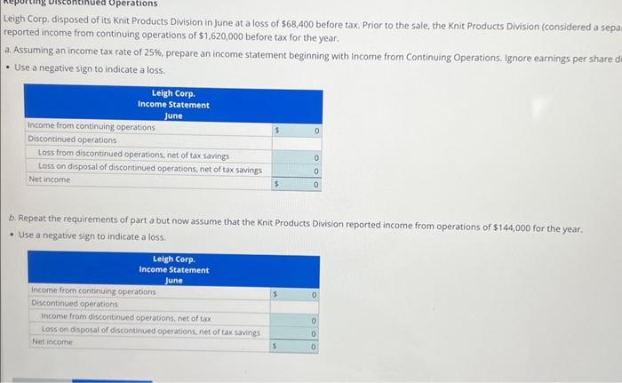 Solved Leigh Corp. disposed of its Knit Products Division in | Chegg.com