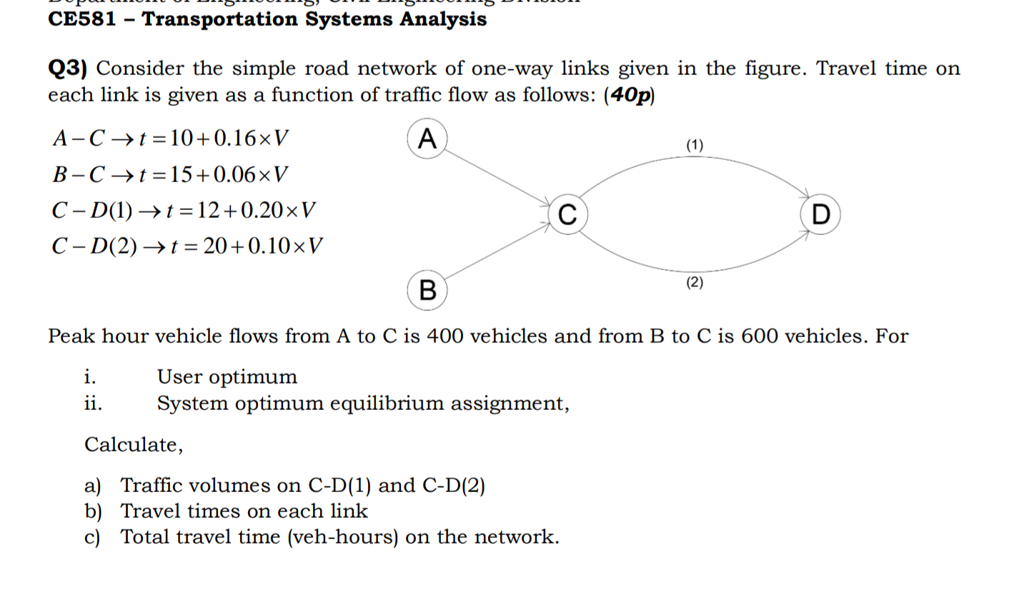 Solved CE581 - Transportation Systems Analysis Q3) Consider | Chegg.com