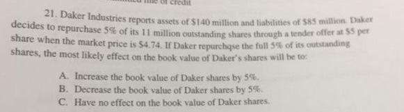 Solved 21. Daker Industries reports assets of $140 million | Chegg.com