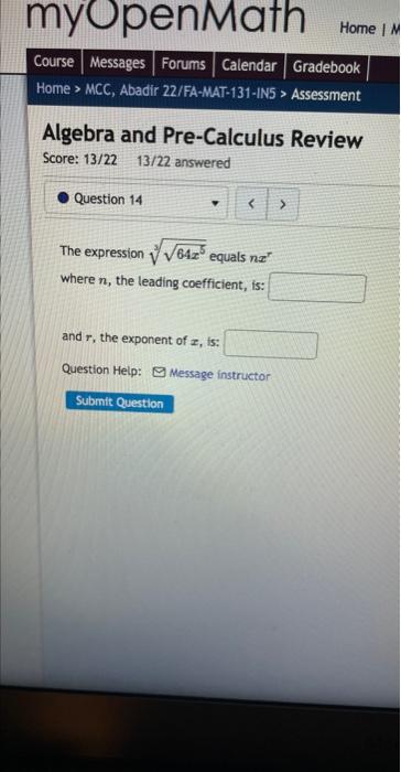 Solved Algebra and Pre-Calculus Review Score: 13/2213/22 | Chegg.com