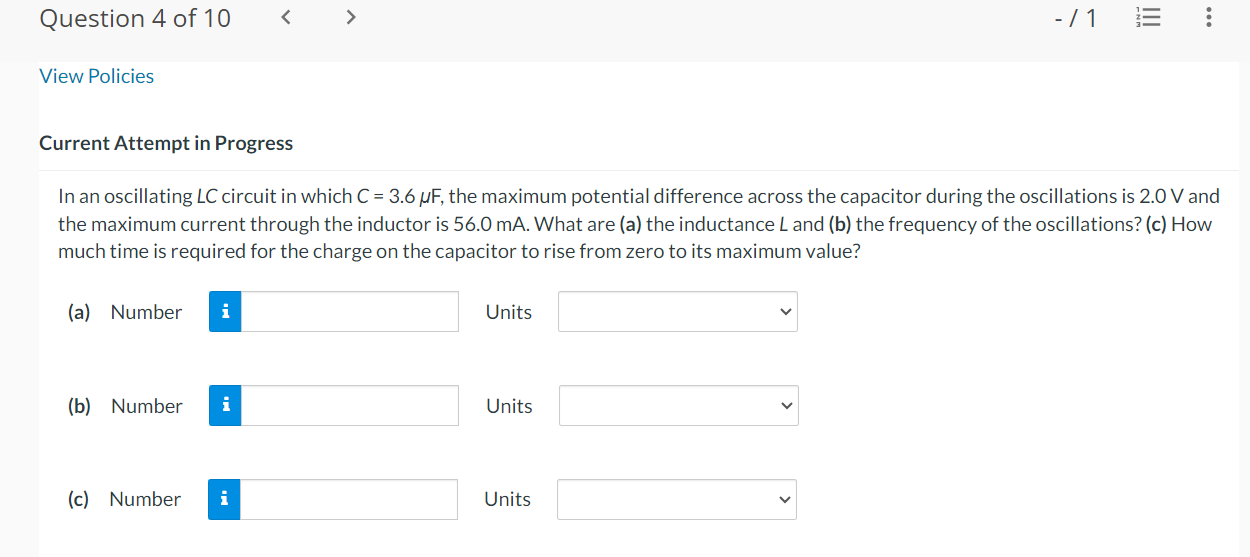 Solved Current Attempt in ProgressIn an oscillating LC | Chegg.com