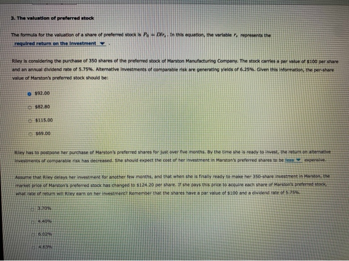 Solved 3. The valuation of preferred stock The formula for | Chegg.com