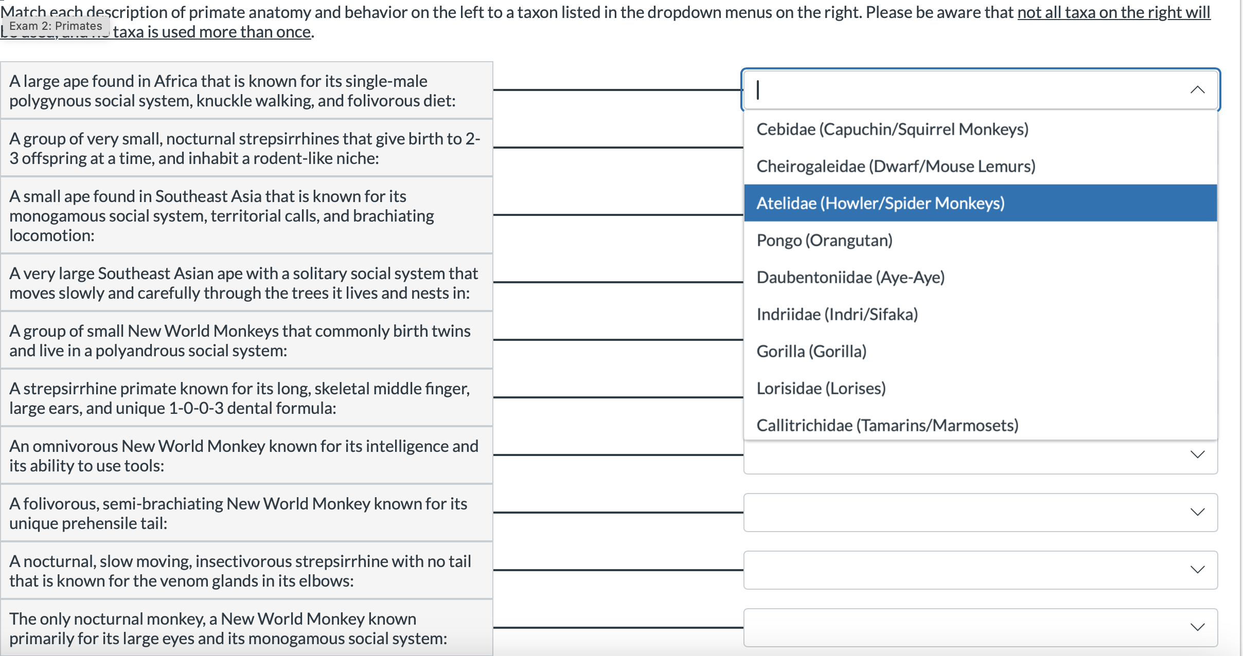 Solved Match each description of primate anatomy and | Chegg.com