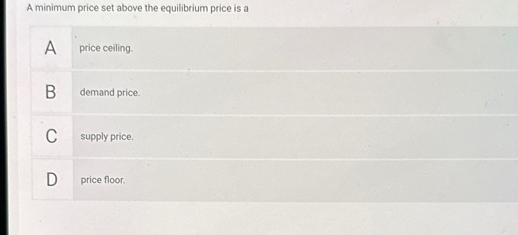 Solved A minimum price set above the equilibrium price is aA | Chegg.com