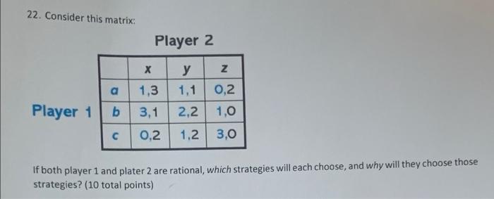Solved 22. Consider this matrix Player 2 х Z a 1,3 у 1,1 2,2 | Chegg.com