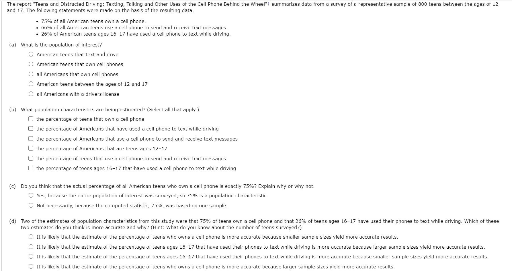 Solved The report "Teens and Distracted Driving: Texting, | Chegg.com