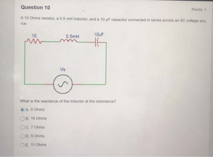 Solved Question 10 Points: 1 A 10 Ohms resistor, a 0.5 mH | Chegg.com
