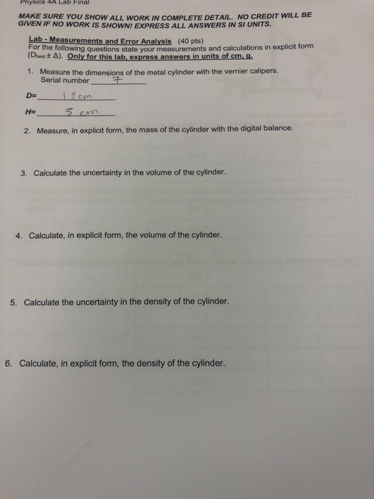 Physics 4A Lab Final MAKE SURE YOU SHOW ALL WORK IN | Chegg.com