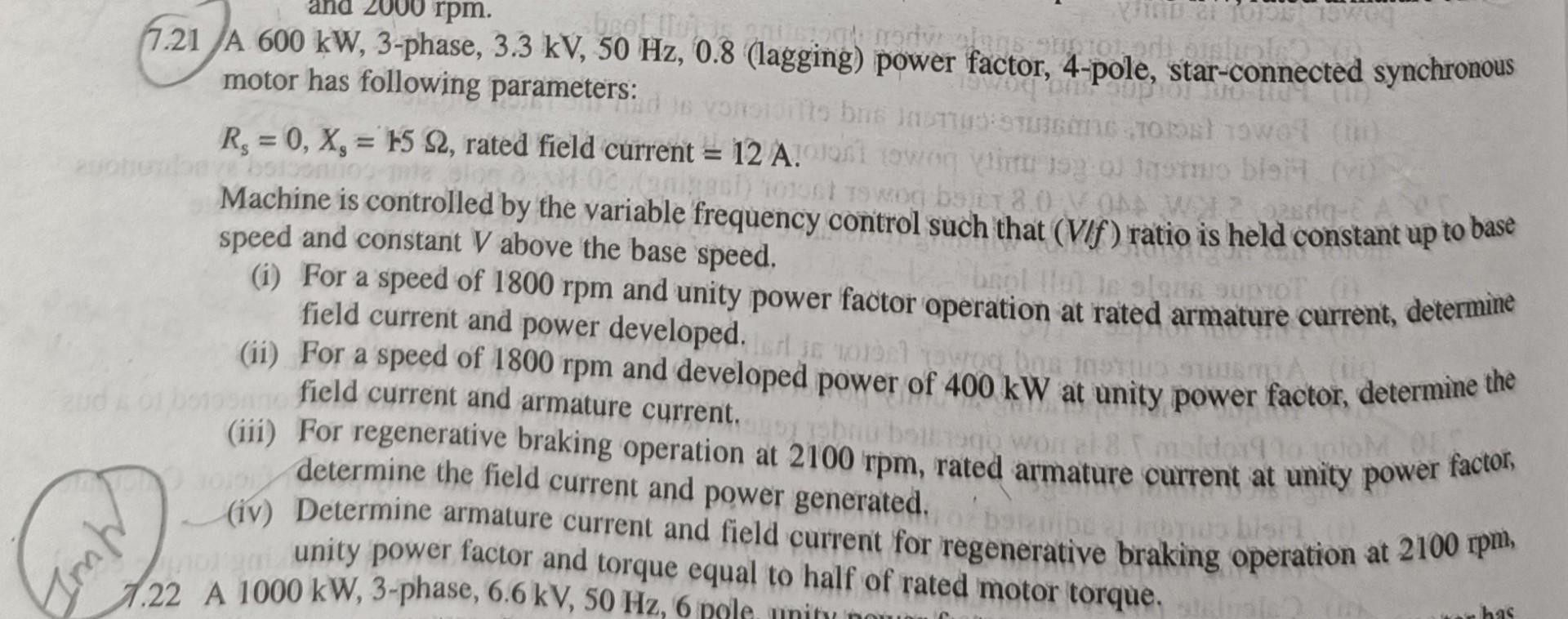 Solved 21 A 600 kW,3-phase, 3.3kV,50 Hz,0.8 (lagging) power | Chegg.com
