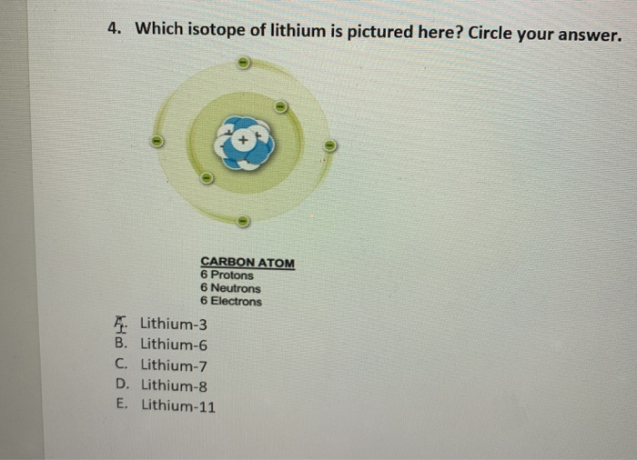 Solved 4. Which isotope of lithium is pictured here? Circle | Chegg.com