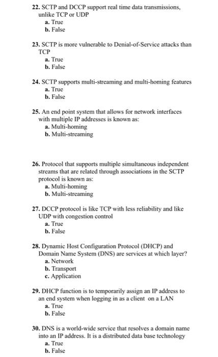 22. SCTP and DCCP support real time data | Chegg.com