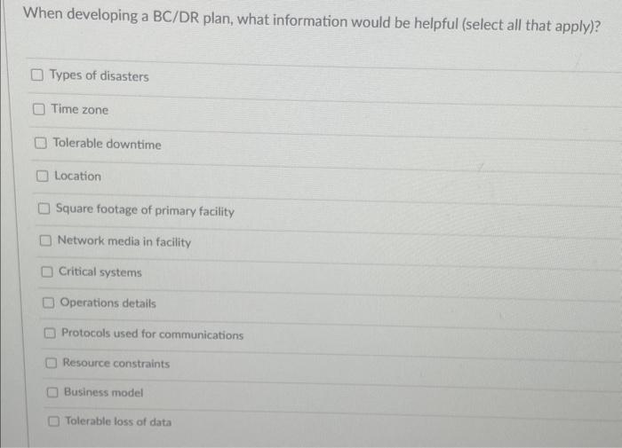 Solved When developing a BC/DR plan, what information would | Chegg.com