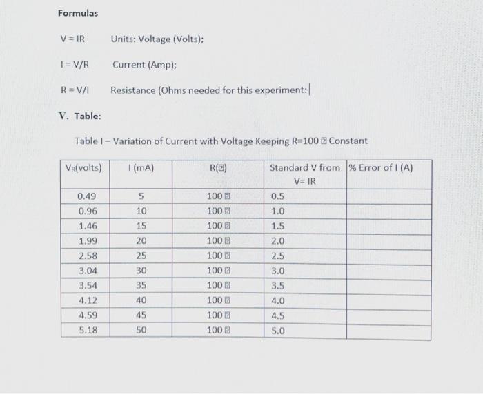 Solved Formulas V=IR Units: Voltage (Volts); 1 = V/R Current | Chegg.com