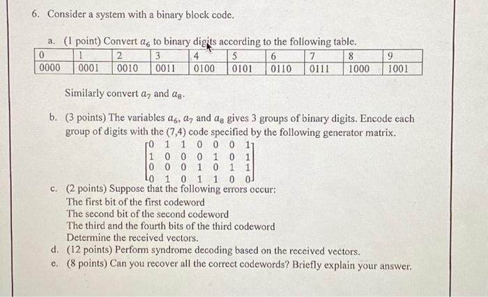 Solved 6. Consider a system with a binary block code. a. (1 | Chegg.com