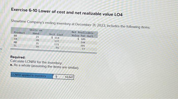 Solved Exercise 6-10 Lower of cost and net realizable value | Chegg.com