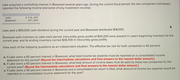 Solved Lake acquired a controlling interest in Boxwood | Chegg.com
