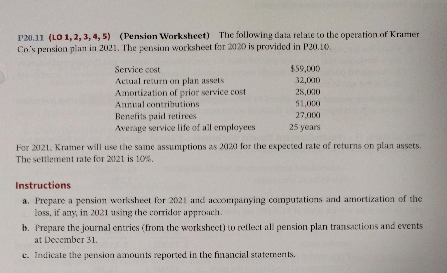 Solved P20.11 (LO 1, 2, 3, 4, 5) (Pension Worksheet) The | Chegg.com