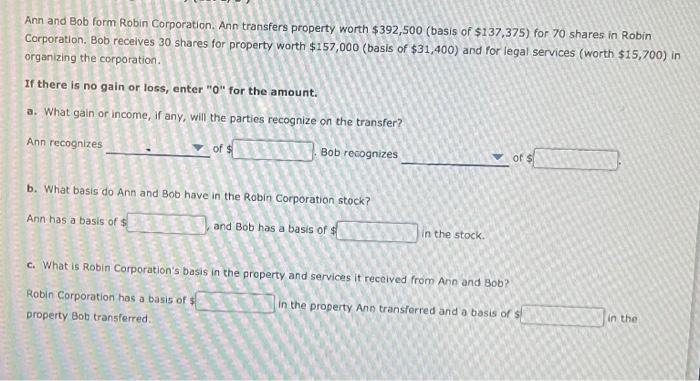 Solved Ann and Bob form Robin Corporation. Ann transfers | Chegg.com